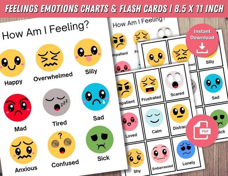 Feelings Emotions Chart Printable for Kids, Feelings Flash Cards ...