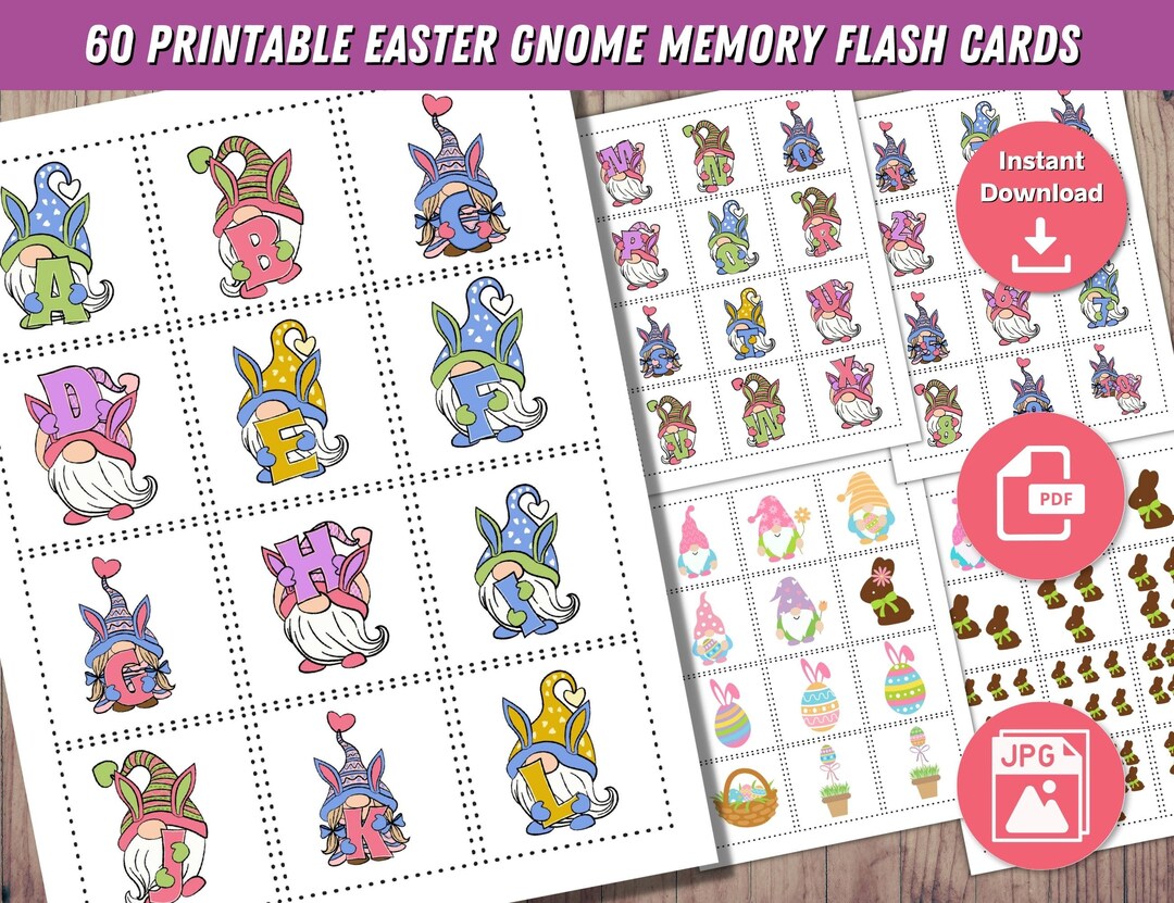 Printable Easter Bunny Gnome ABC Flash Cards, Memory Game, Matching ...