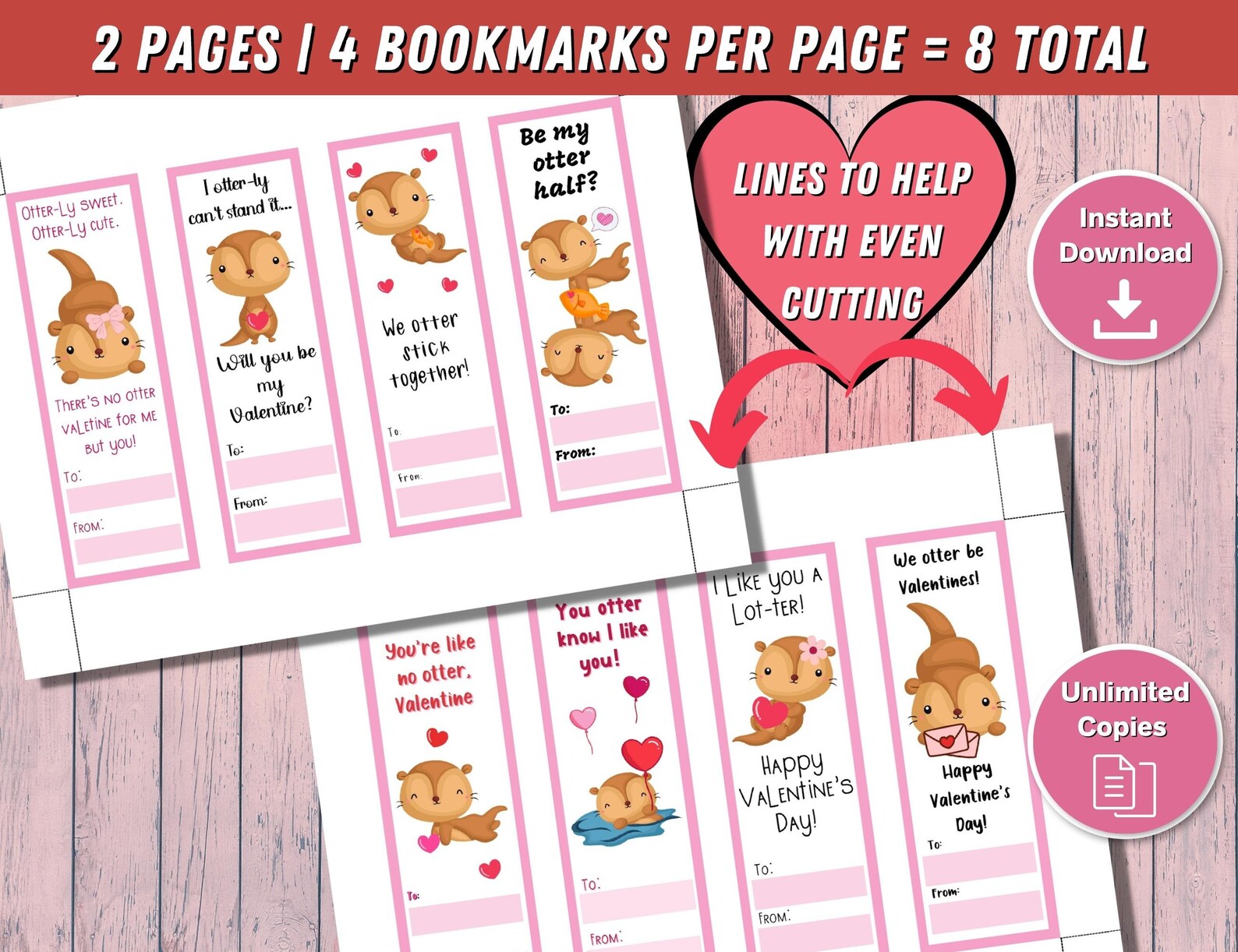 Printable Cute Otter Valentine Bookmark, Kids Valentine, Classroom ...