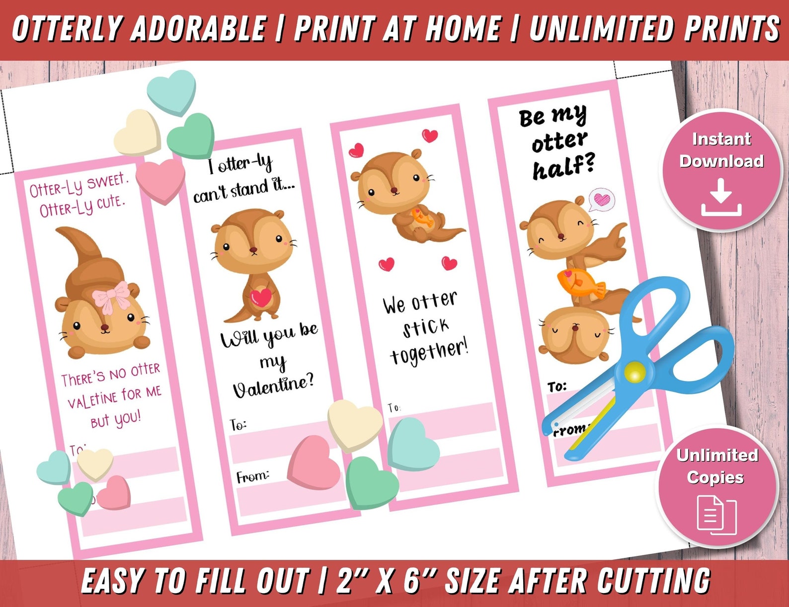 Printable Cute Otter Valentine Bookmark, Kids Valentine, Classroom ...