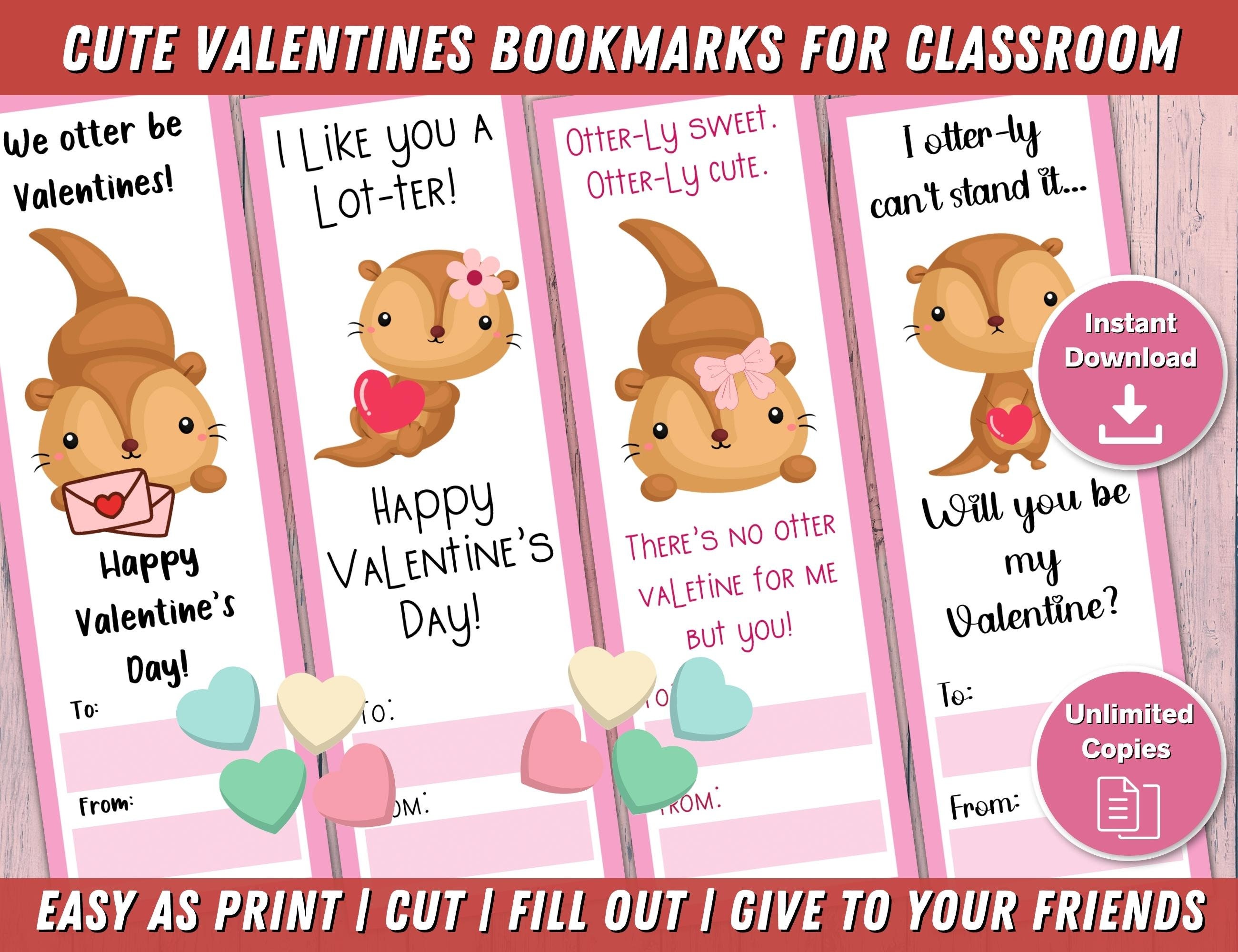 Printable Cute Otter Valentine Bookmark, Kids Valentine, Classroom ...