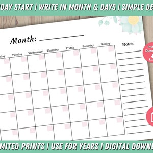 Minimalist Watercolor Blank Monthly Calendar Printable, Printable Blank ...