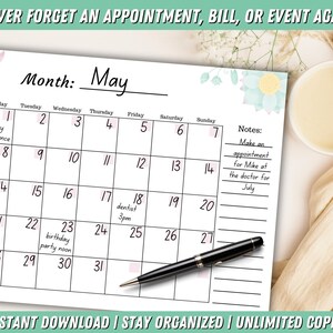 Minimalist Watercolor Blank Monthly Calendar Printable, Printable Blank ...