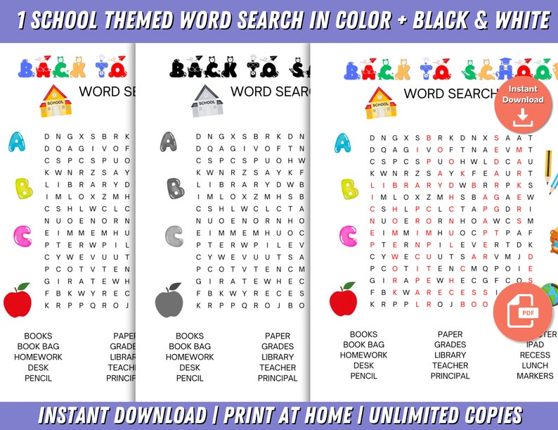 Back to School Word Search Printable | Kids Word Search Puzzle - Etsy