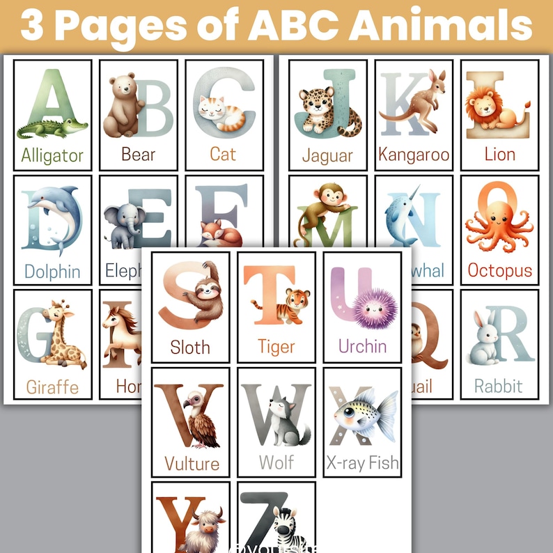 26 Animal Alphabet Flash Cards Printable for Kids, ABC Flashcards ...