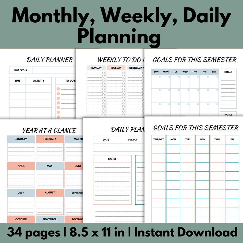 Watercolor Academic Planner Printable, Student Planner Printable ...
