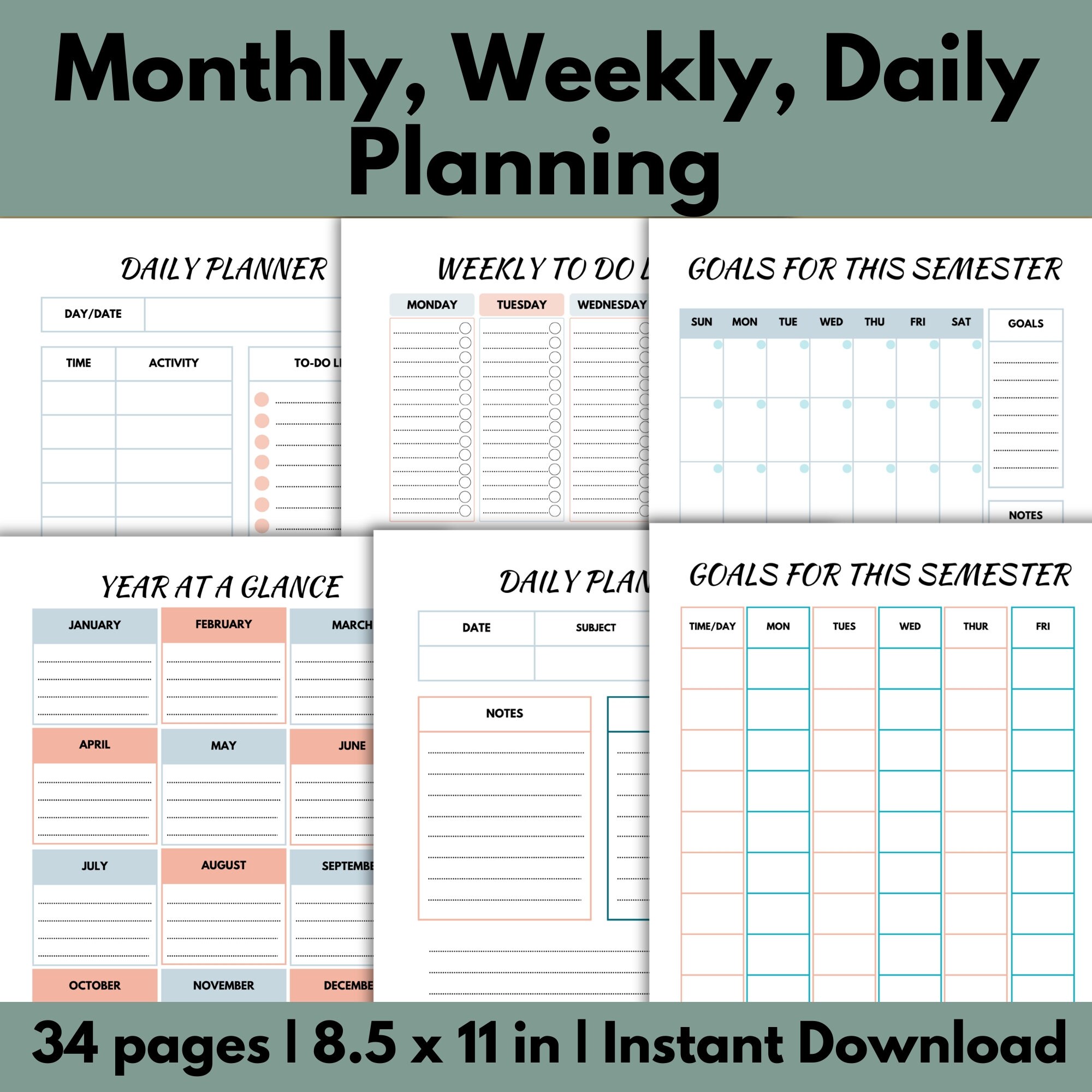 Watercolor Academic Planner Printable, Student Planner Printable ...