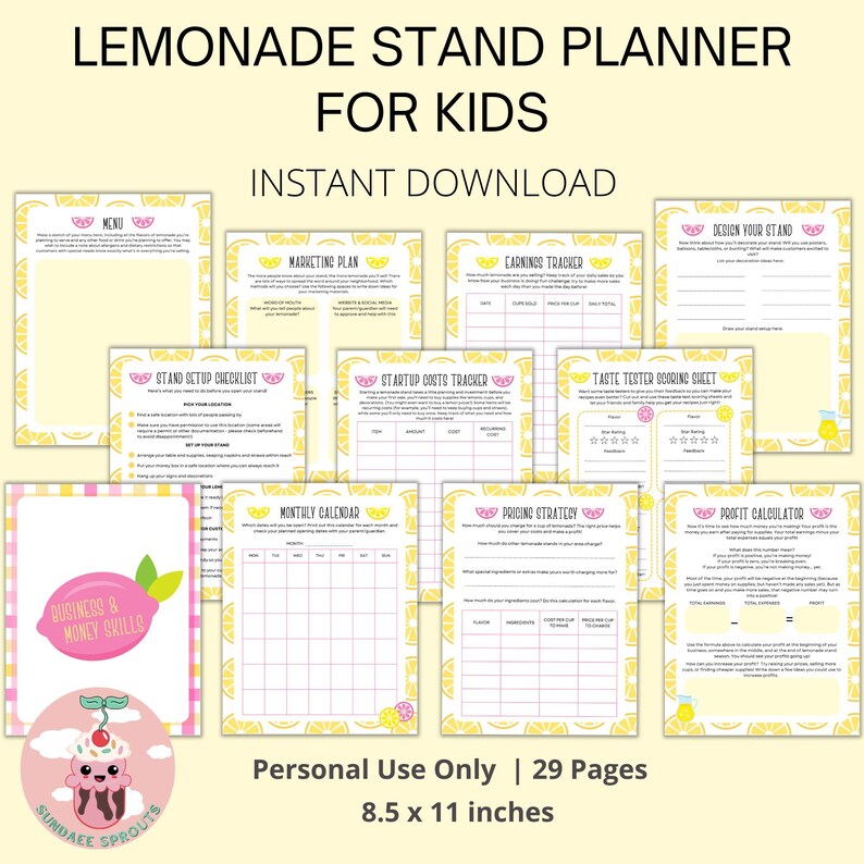 Lemonade Stand Printable Planner for Kids, Lemonade Stand Kit, Kids DIY Lemonade Shop, Lemonade ...