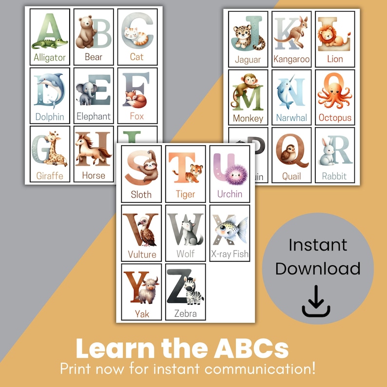 26 Animal Alphabet Flash Cards Printable for Kids, ABC Flashcards ...
