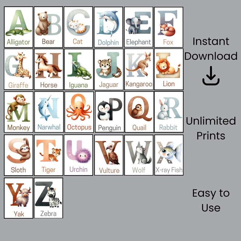 26 Animal Alphabet Flash Cards Printable for Kids, ABC Flashcards ...
