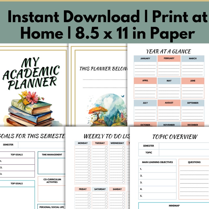 Watercolor Academic Planner Printable, Student Planner Printable ...