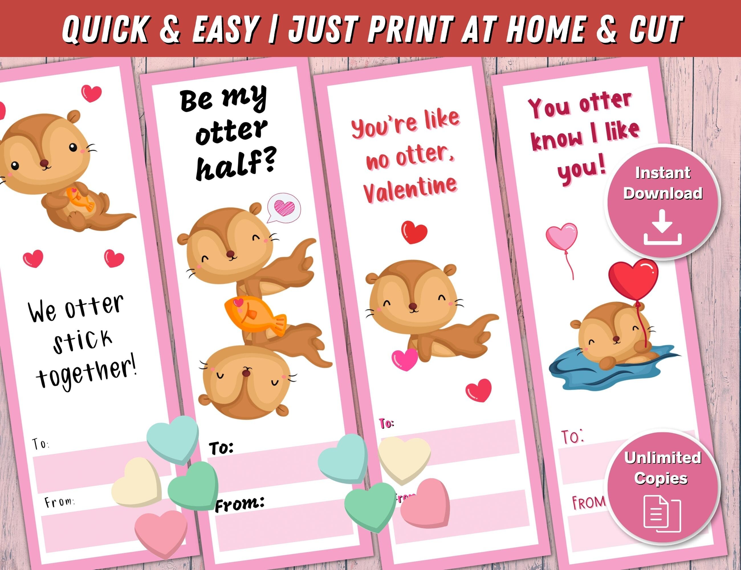 Printable Cute Otter Valentine Bookmark, Kids Valentine, Classroom ...