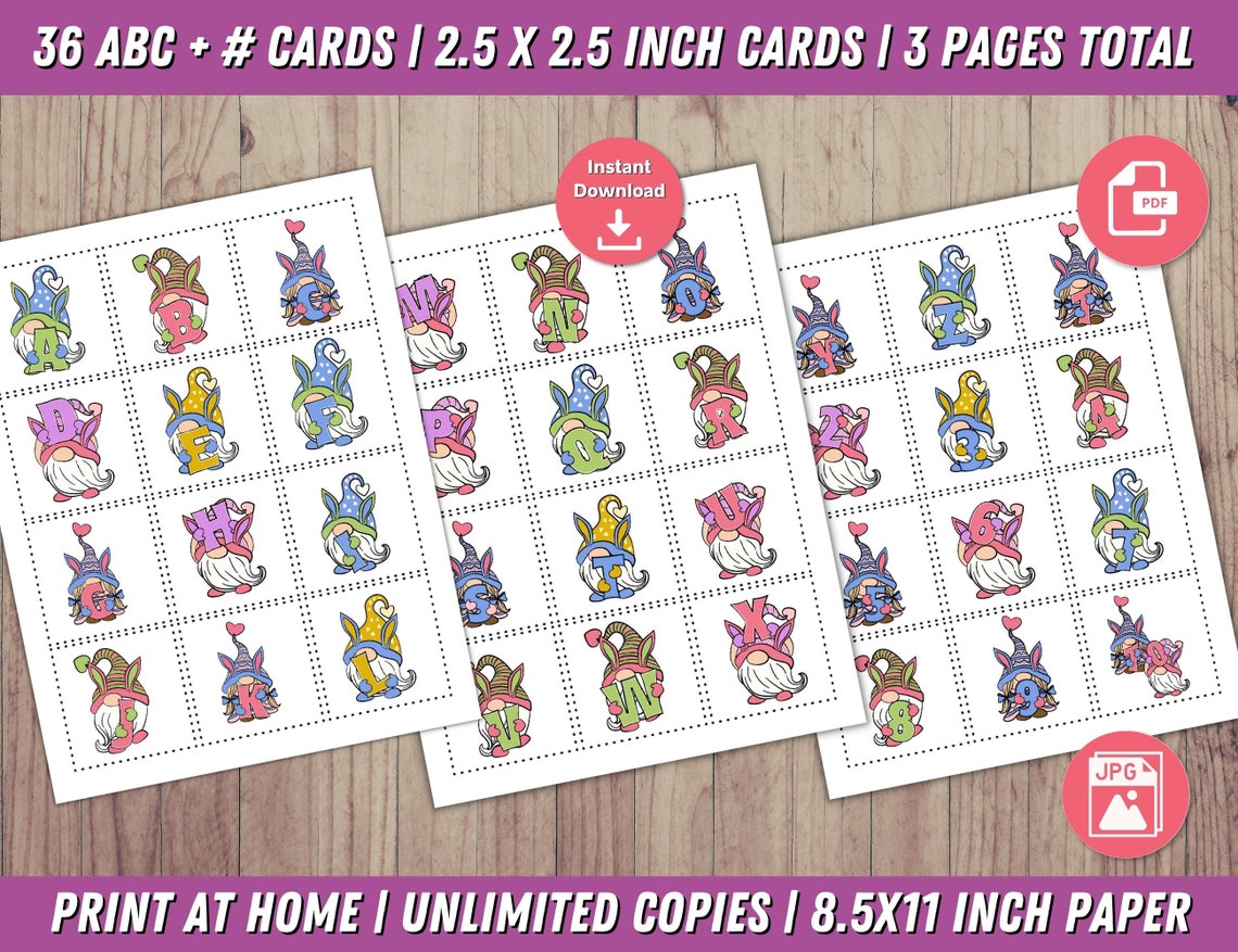 Printable Easter Bunny Gnome ABC Flash Cards, Memory Game, Matching ...
