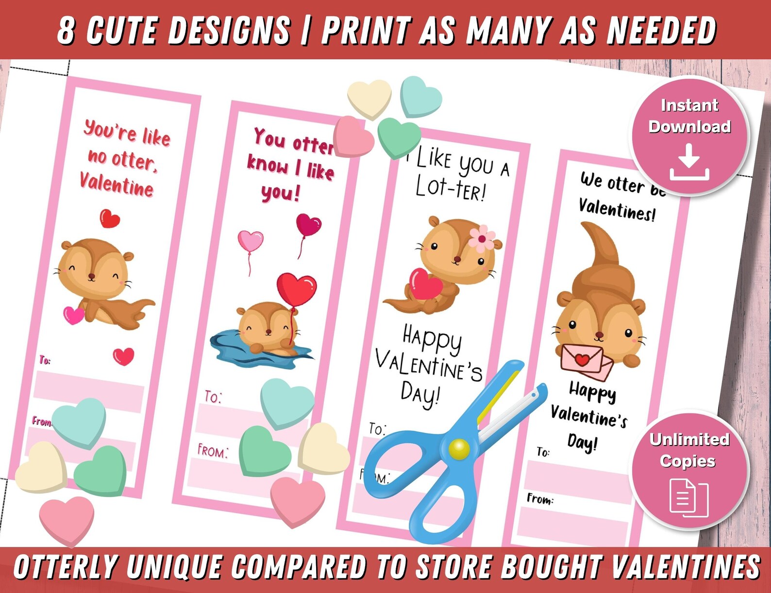 Printable Cute Otter Valentine Bookmark, Kids Valentine, Classroom ...