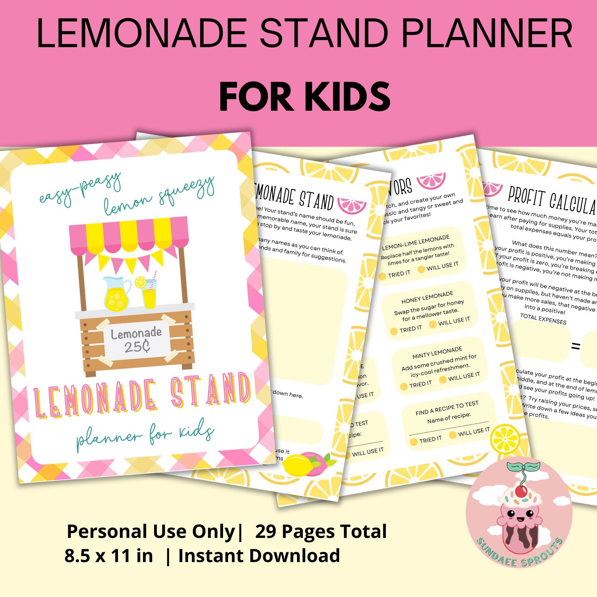 Lemonade Stand Printable Planner for Kids, Lemonade Stand Kit, Kids DIY ...