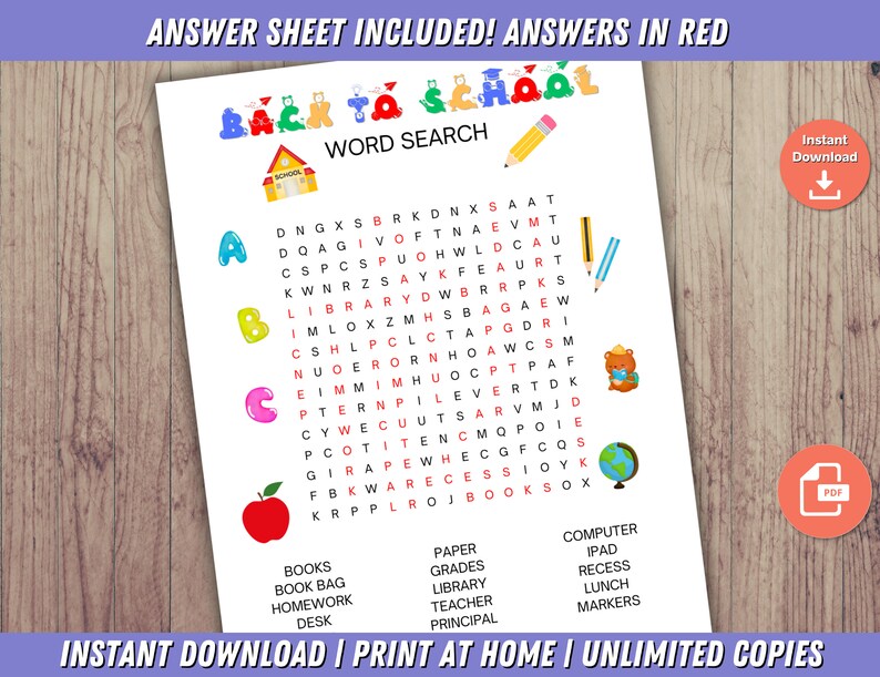 Back to School Word Search Printable Kids Word Search Puzzle - Etsy