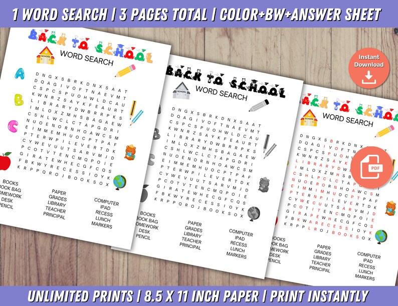 Back to School Word Search Printable Kids Word Search Puzzle - Etsy