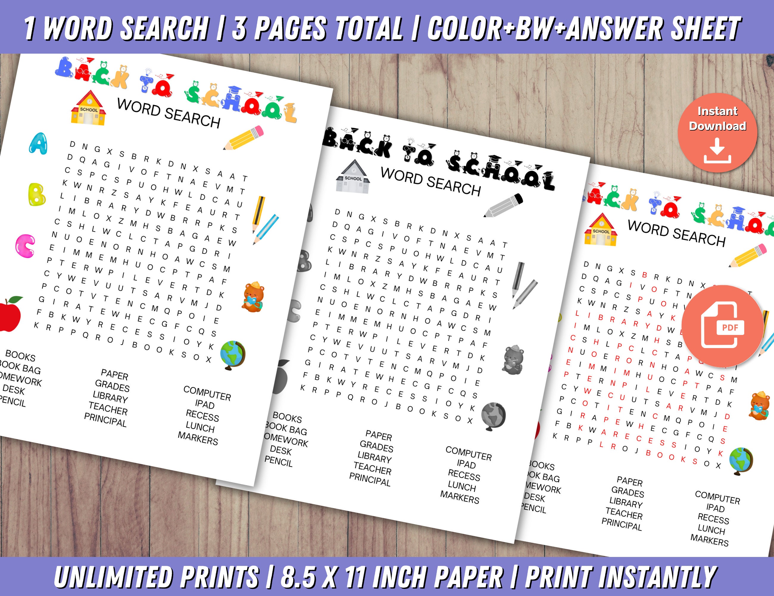 Back to School Word Search Printable Kids Word Search Puzzle - Etsy