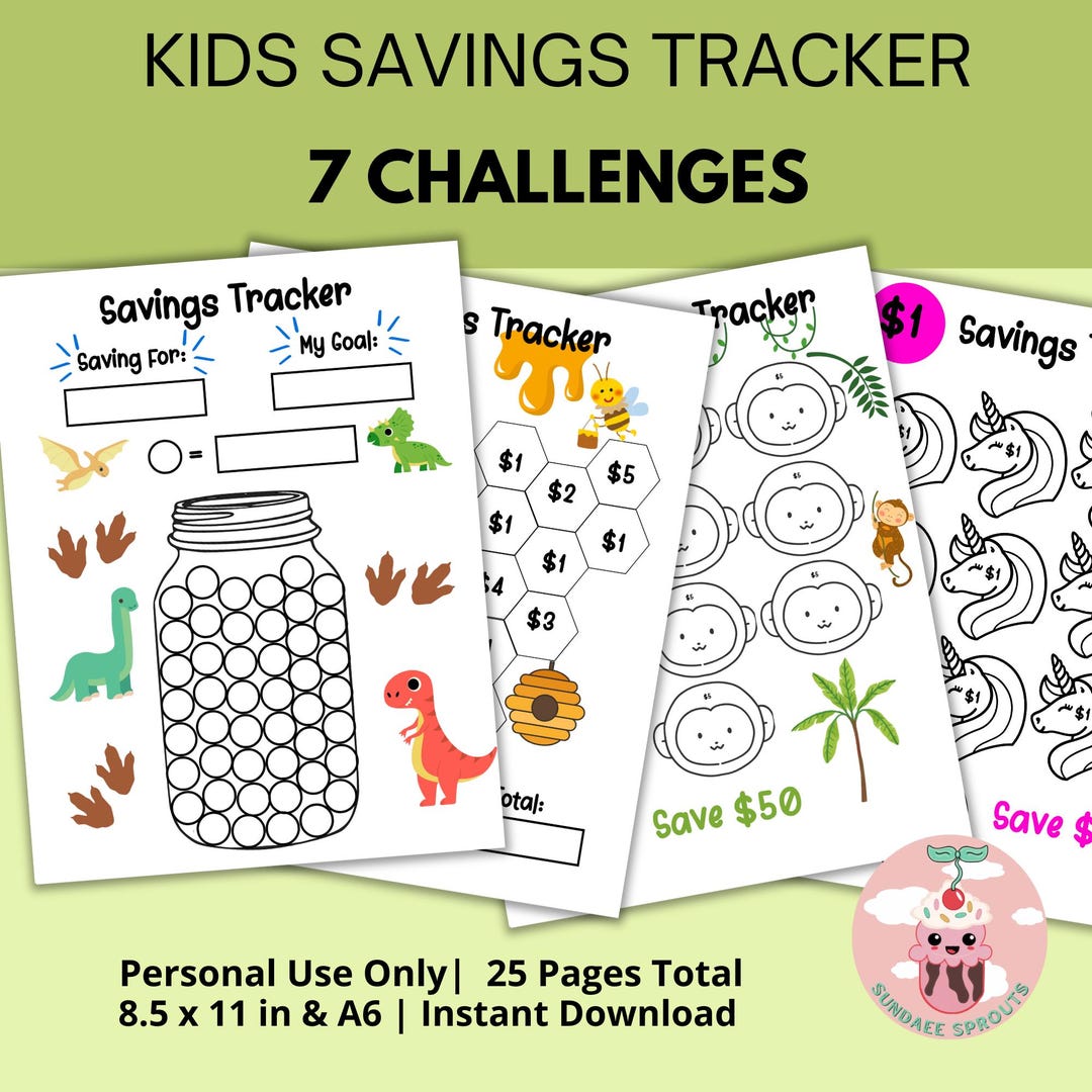 Kids Savings Tracker Challenge Printable, Savings Challenge Bundle ...