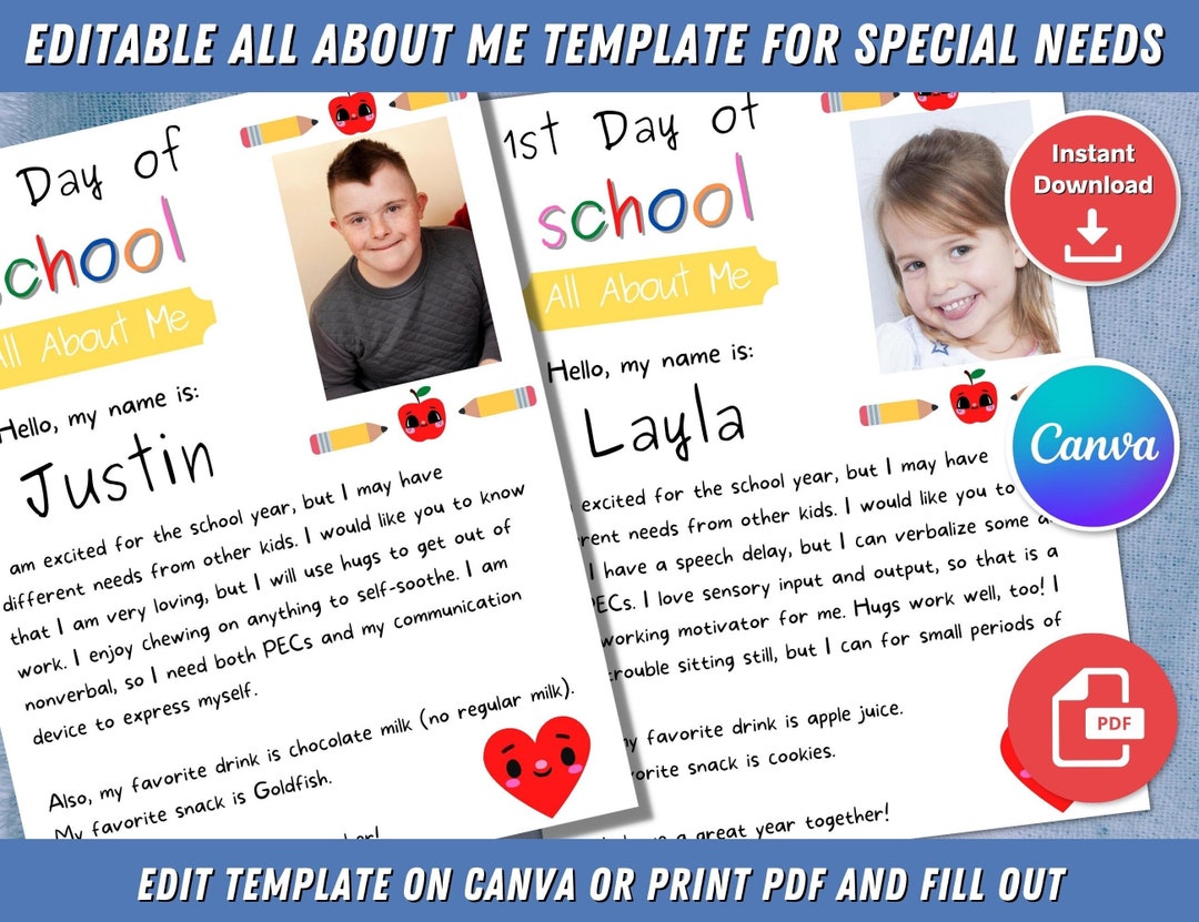 Editable All About Me, First Day Printable, Special Needs, Nonverbal ...