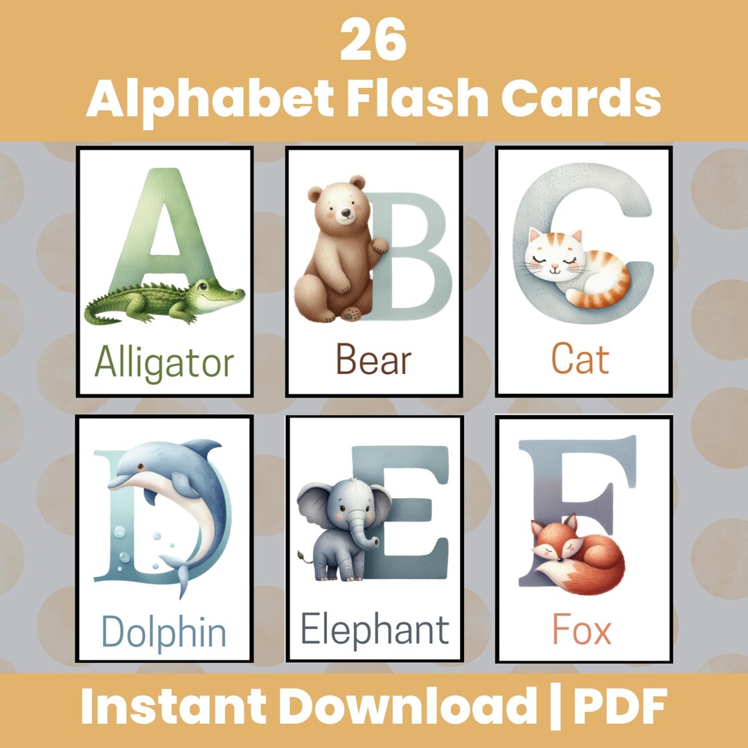26 Animal Alphabet Flash Cards Printable for Kids, ABC Flashcards ...