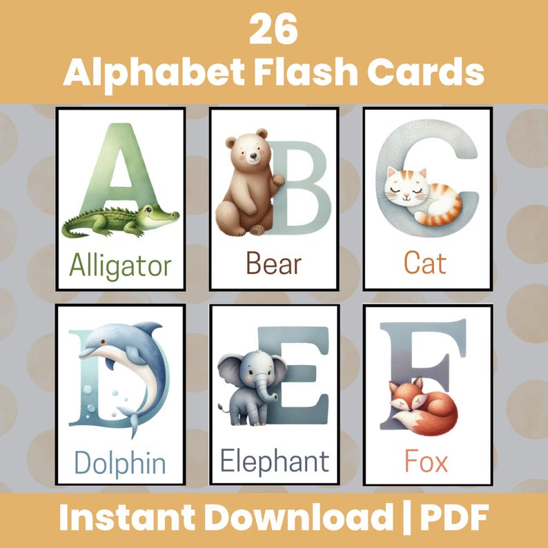 26 Animal Alphabet Flash Cards Printable for Kids, ABC Flashcards ...