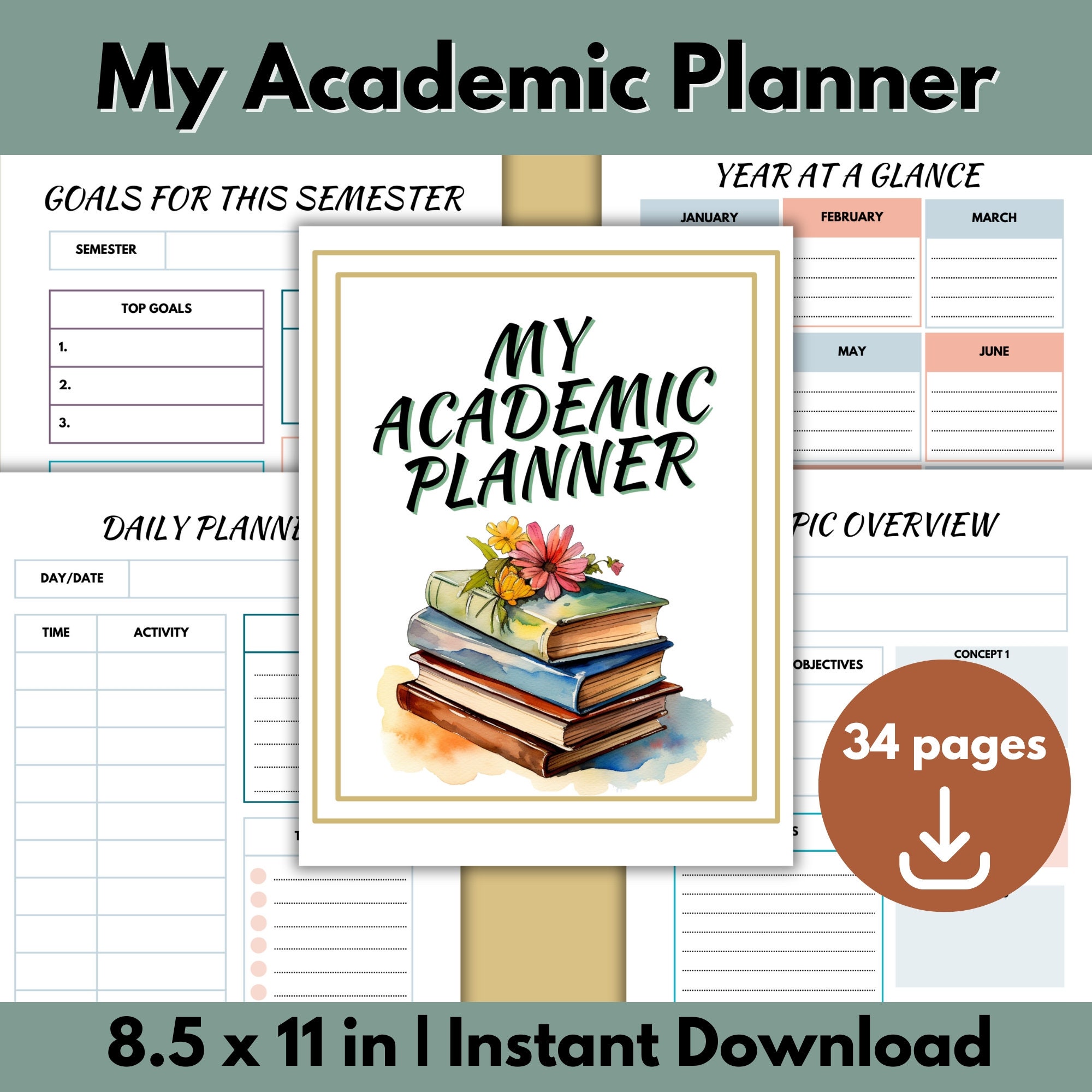 Watercolor Academic Planner Printable, Student Planner Printable ...