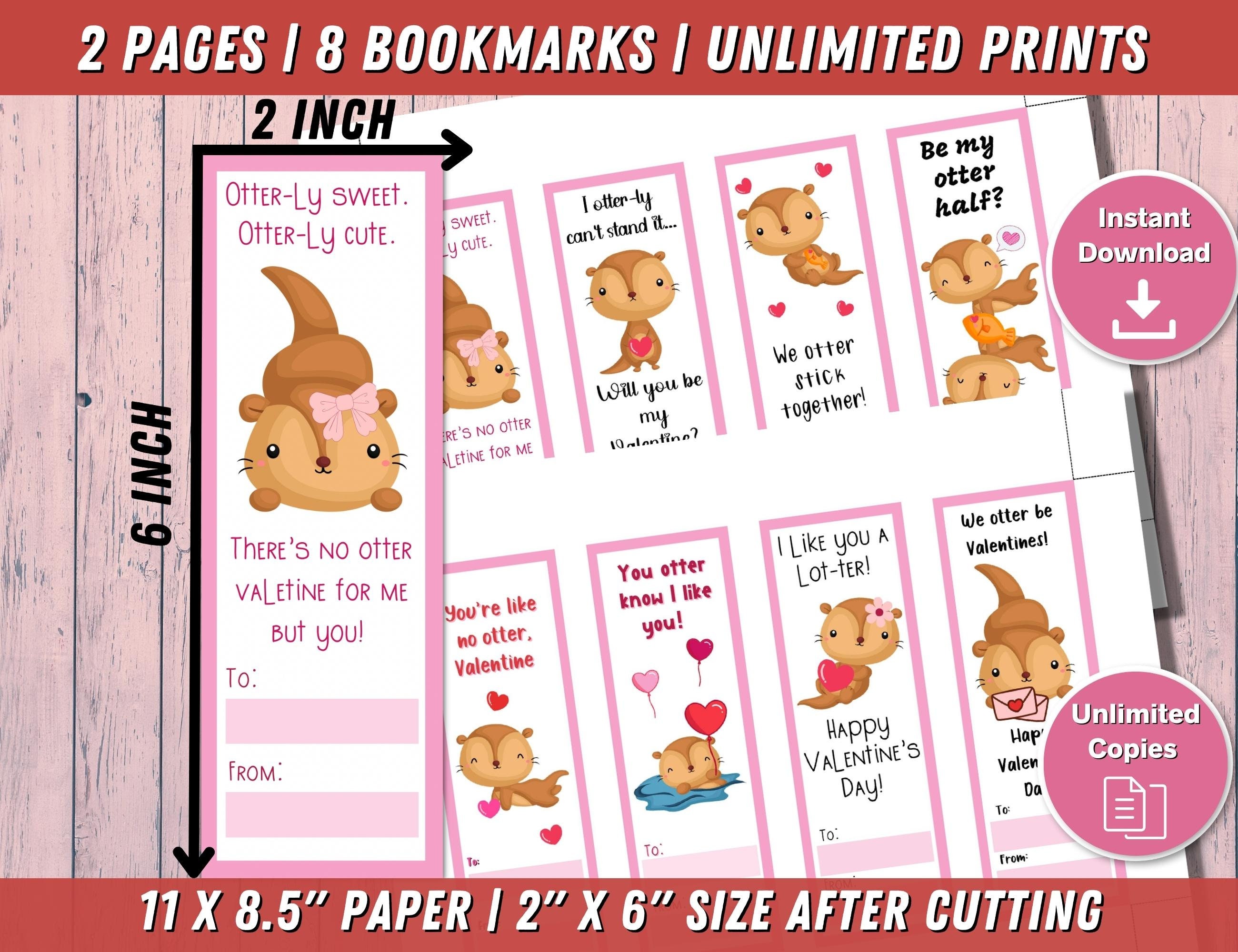 Printable Cute Otter Valentine Bookmark, Kids Valentine, Classroom ...