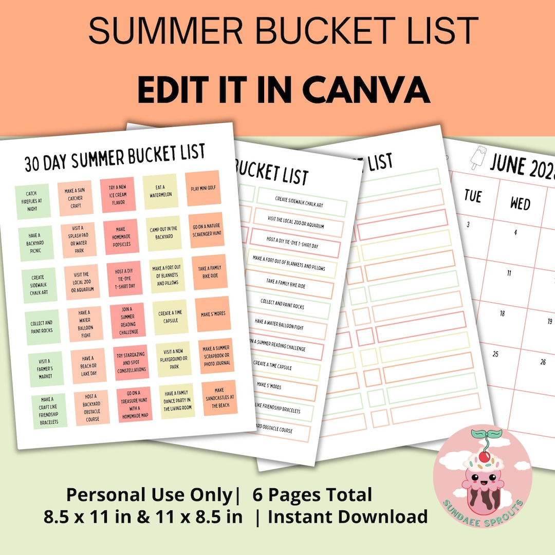 Editable Family Summer Bucket List Printable for Kids, Bucket List ...