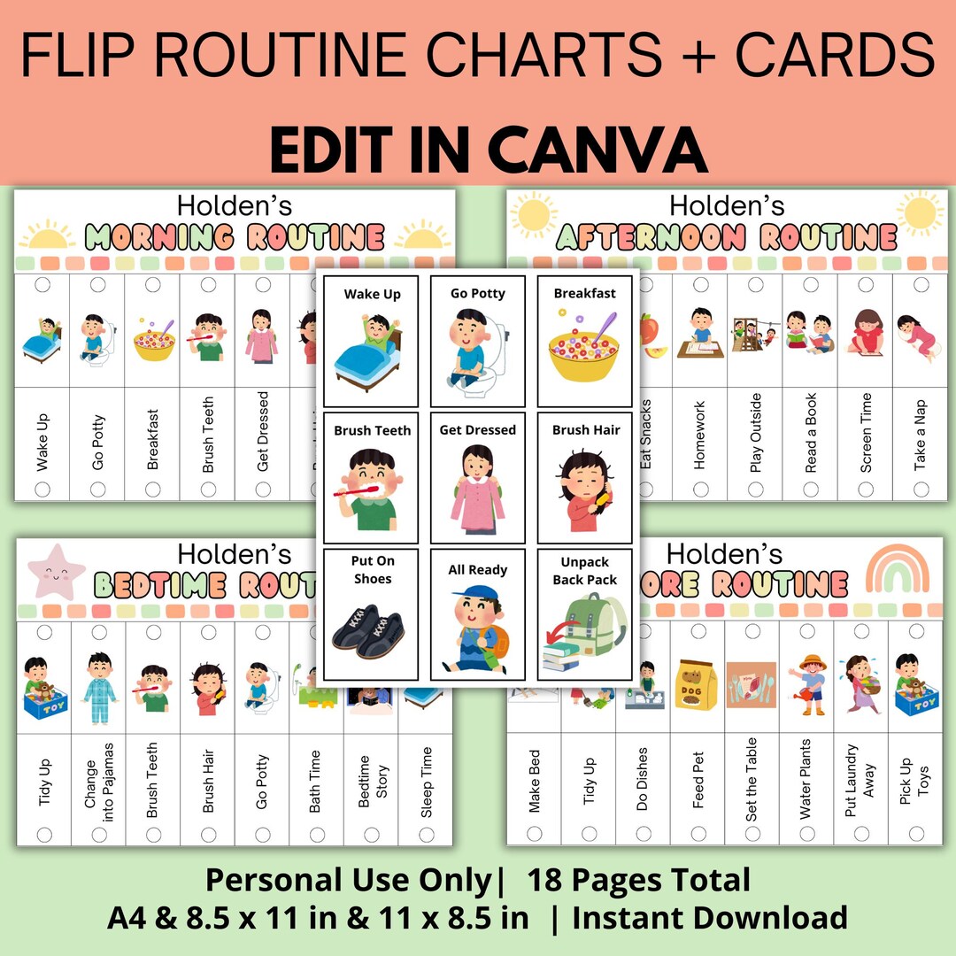 Editable Kids Flip Routine Chart Printable & Daily Routine Cards, Kids ...