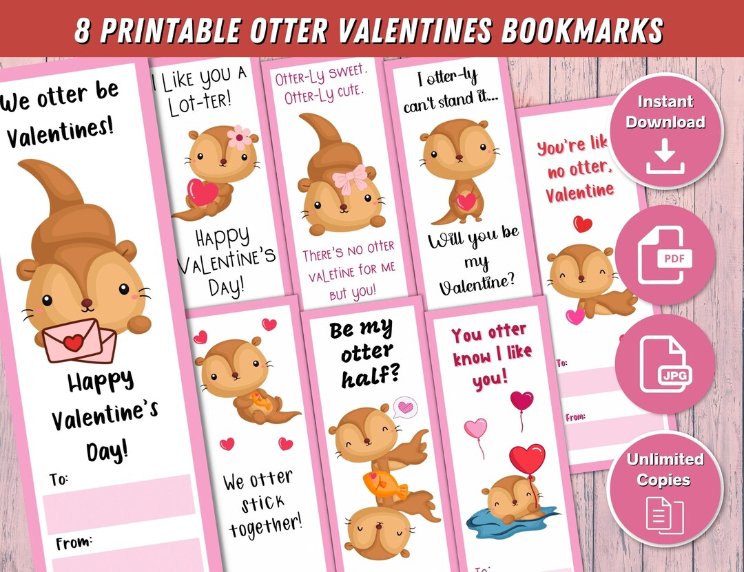 Printable Cute Otter Valentine Bookmark, Kids Valentine, Classroom ...