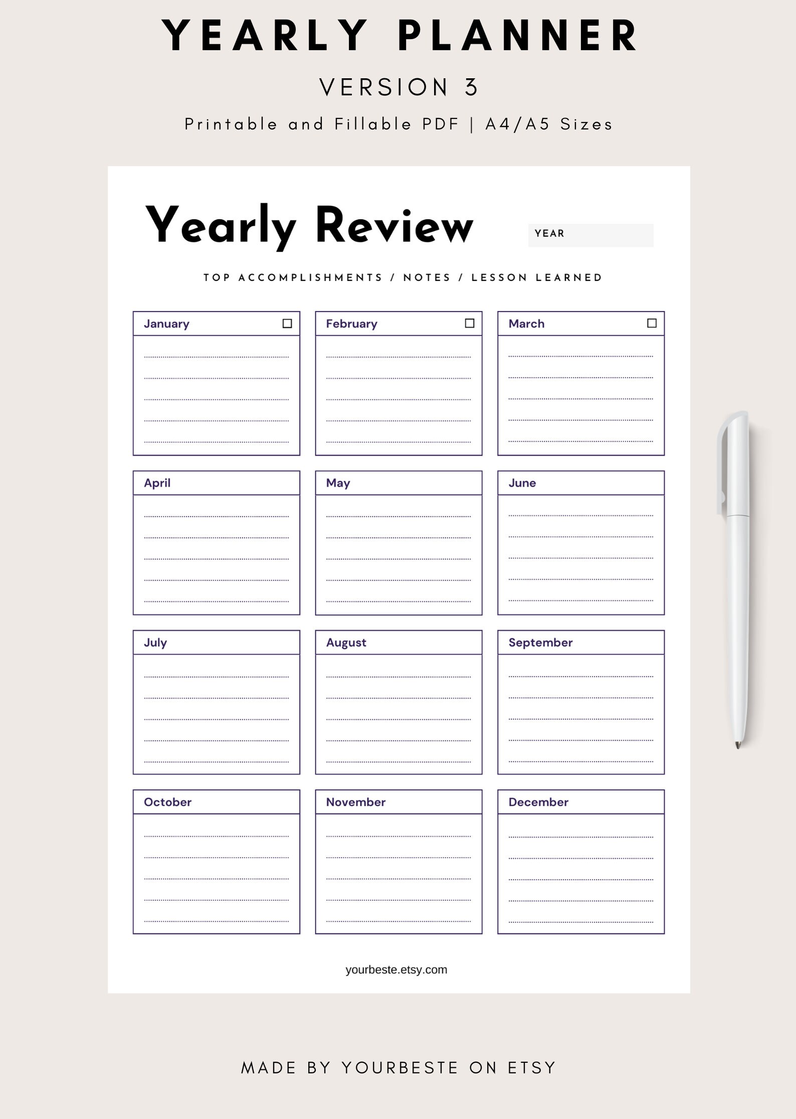 Yearly Reflection Printable: Minimalist A4/A5 Planner (PDF Download) - Etsy