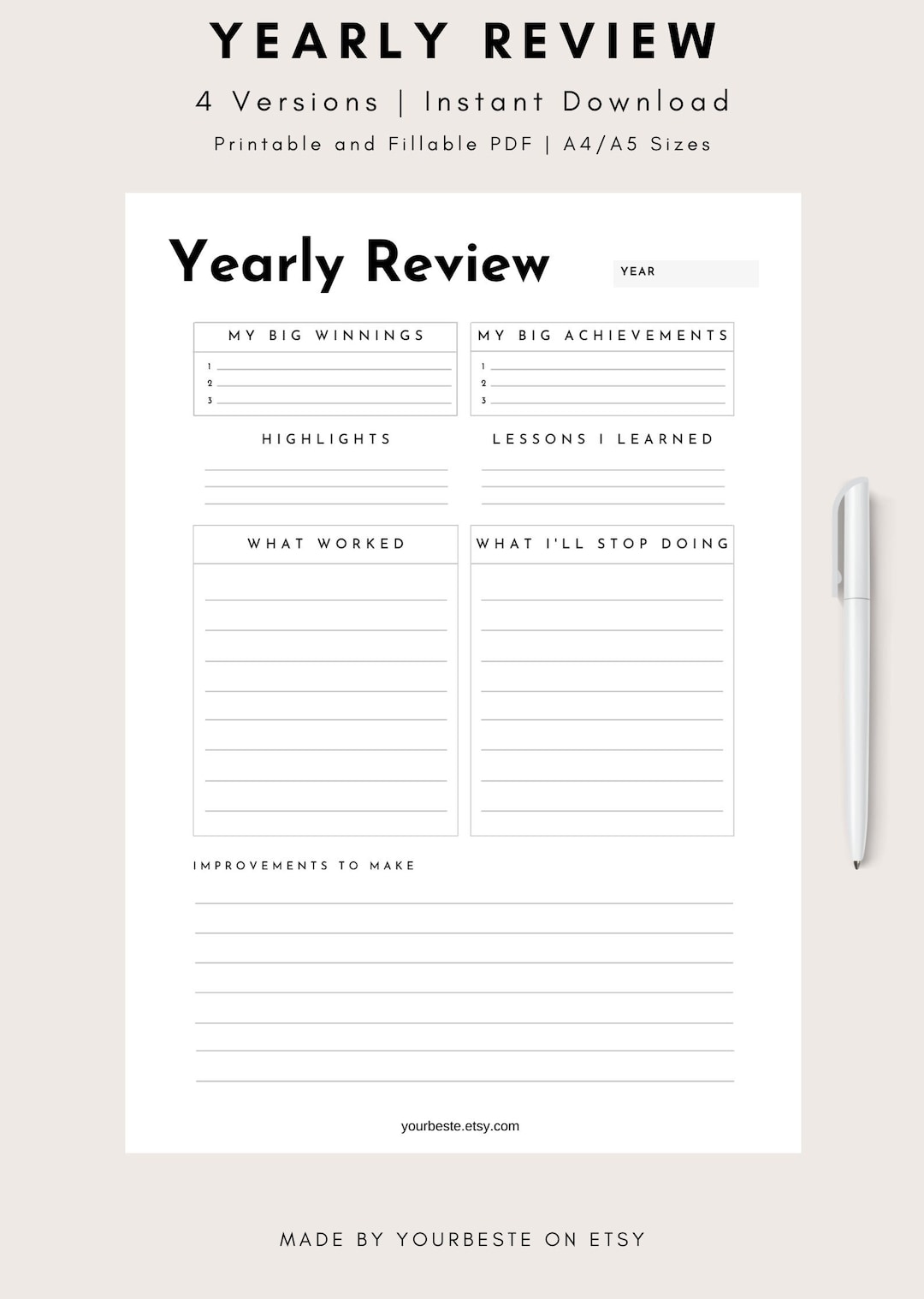 One-page Printable: Yearly Reflection, Yearly Review, Year-at-a-glance ...