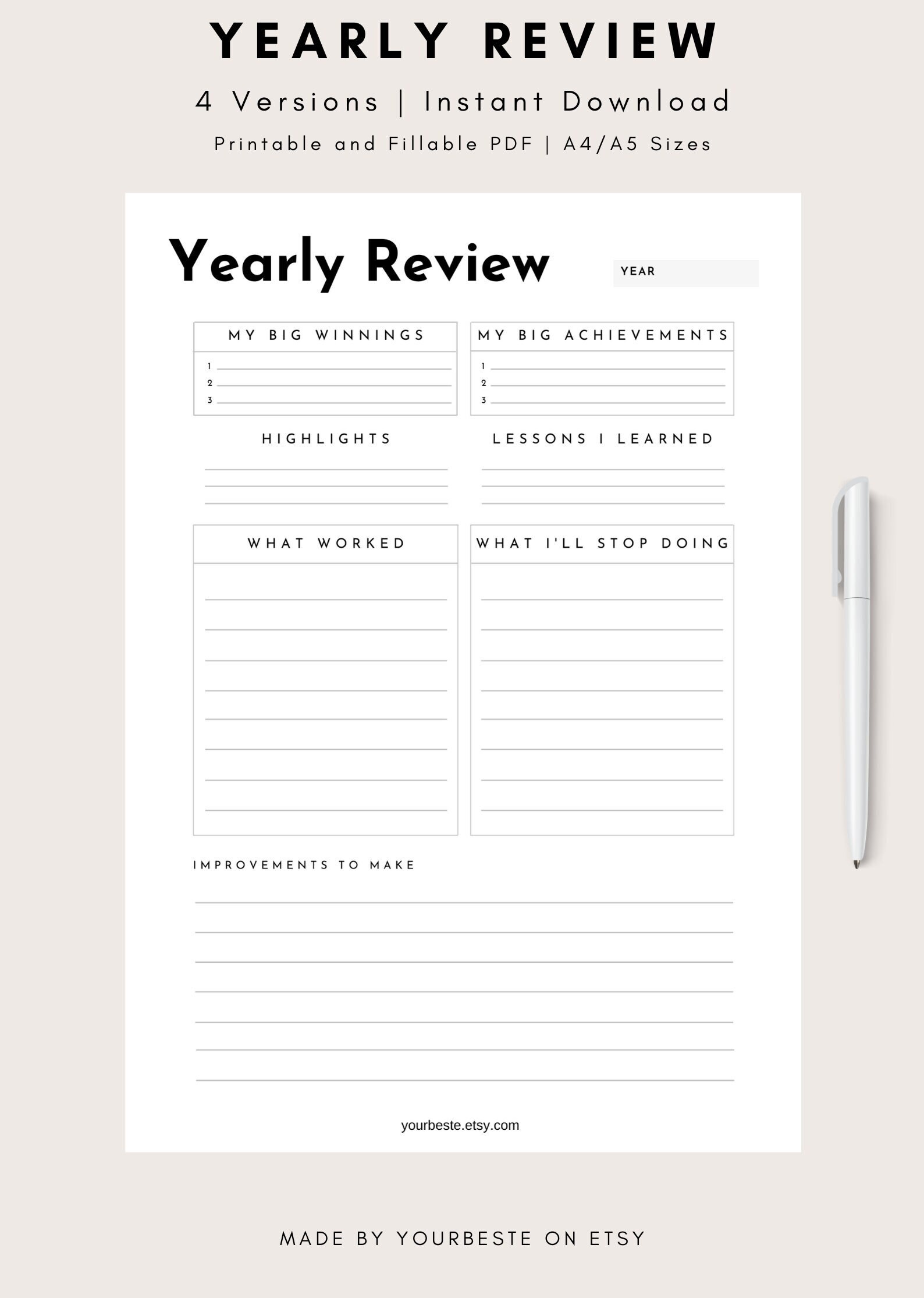 Yearly Reflection Printable: Minimalist A4/A5 Planner (PDF Download) - Etsy