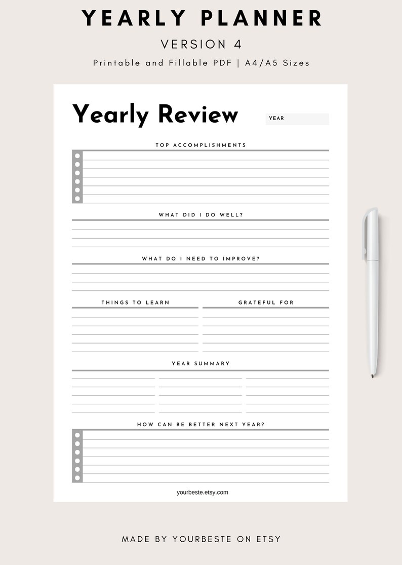 Yearly Reflection Printable: Minimalist A4/A5 Planner (PDF Download) - Etsy
