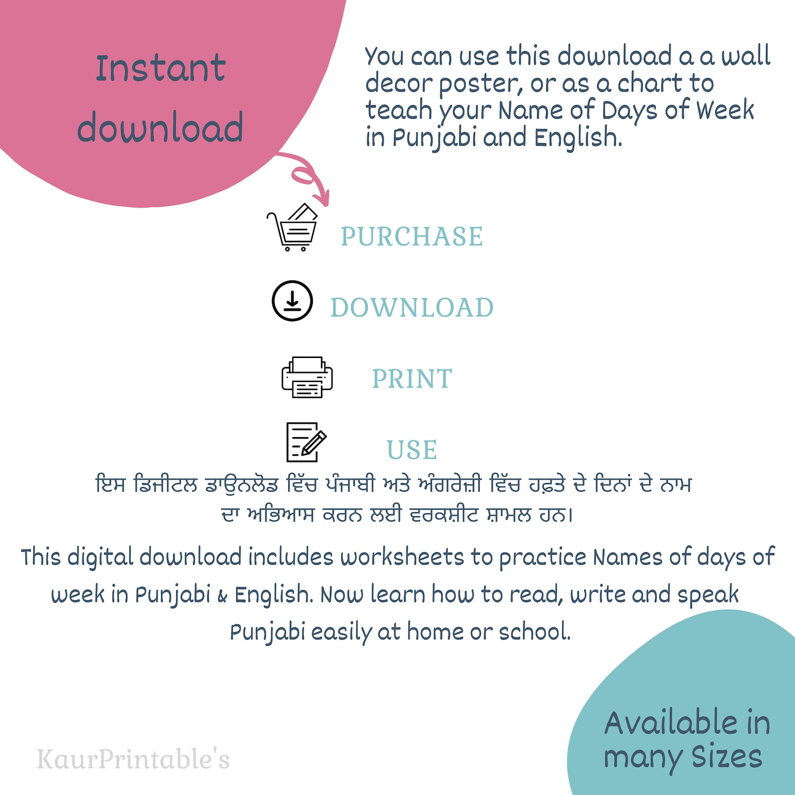 Days of Week in Punjabi Worksheet। Bilingual Punjabi- English Days of ...