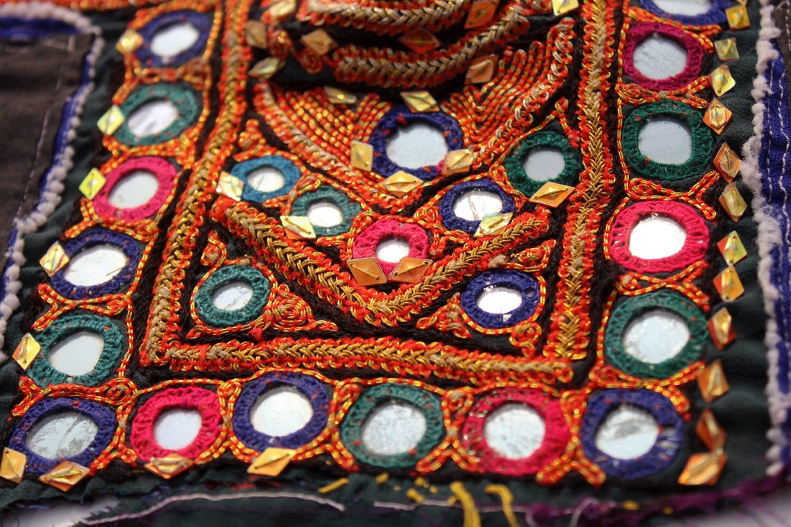Vintage Banjara Yoke,mirror Work Patch,appliques Embroidery Dressdesign Material Embroidered ...