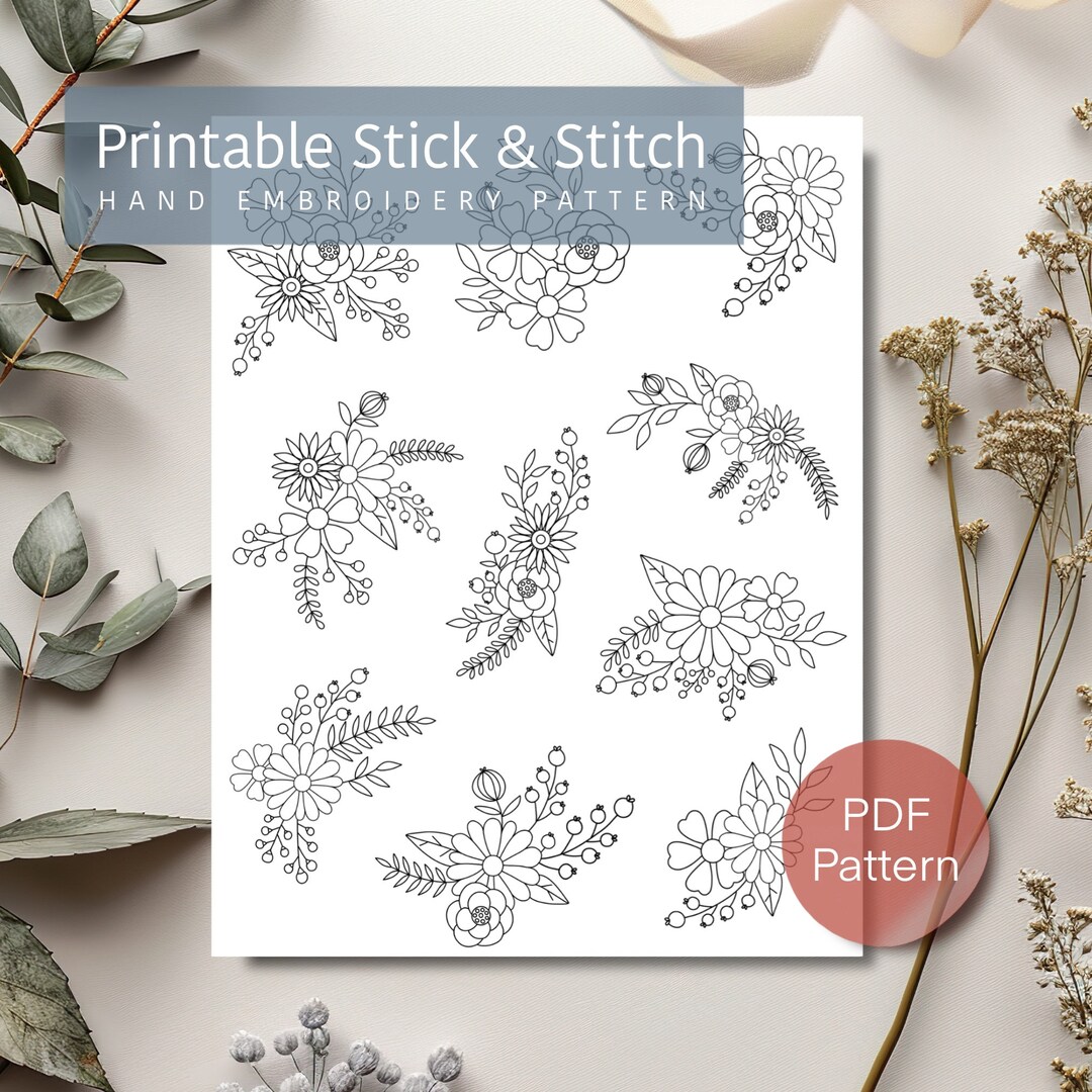 Flowers Hand Embroidery Pattern, Printable Stick and Stitch, Botanical ...