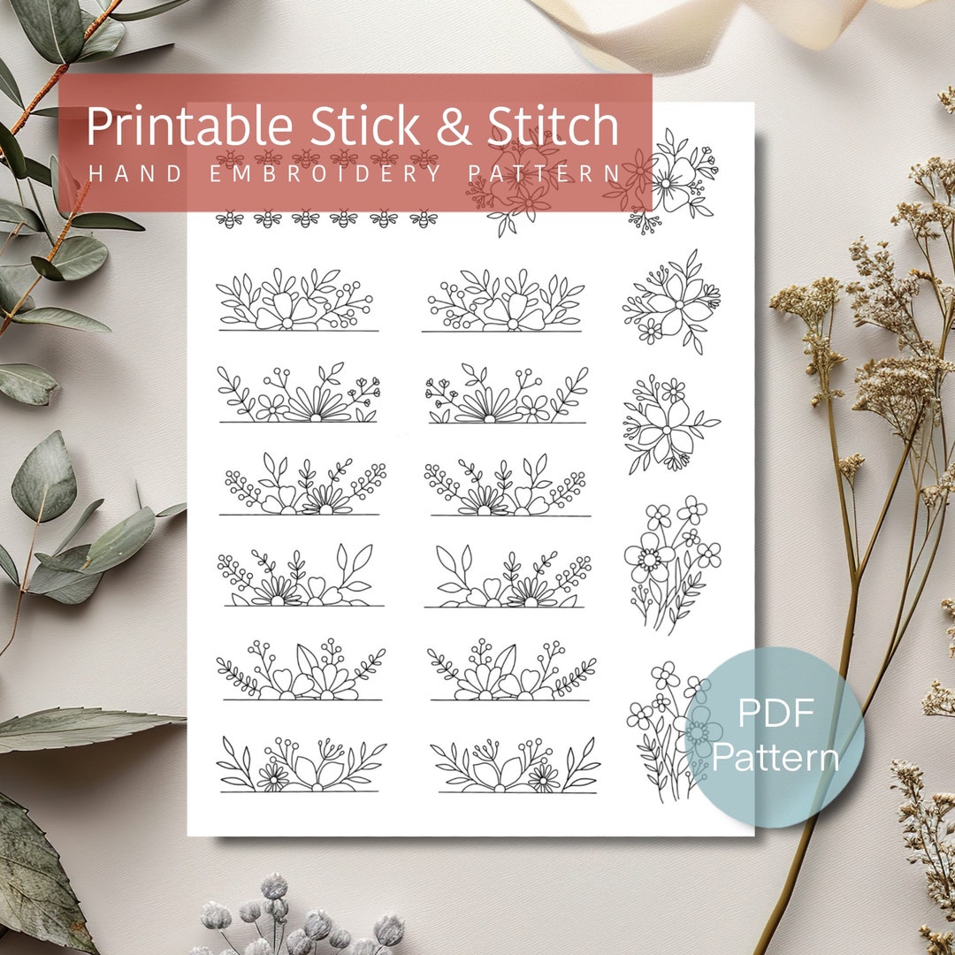 Flower Pair Hand Embroidery Pattern, Printable Stick and Stitch, Floral ...