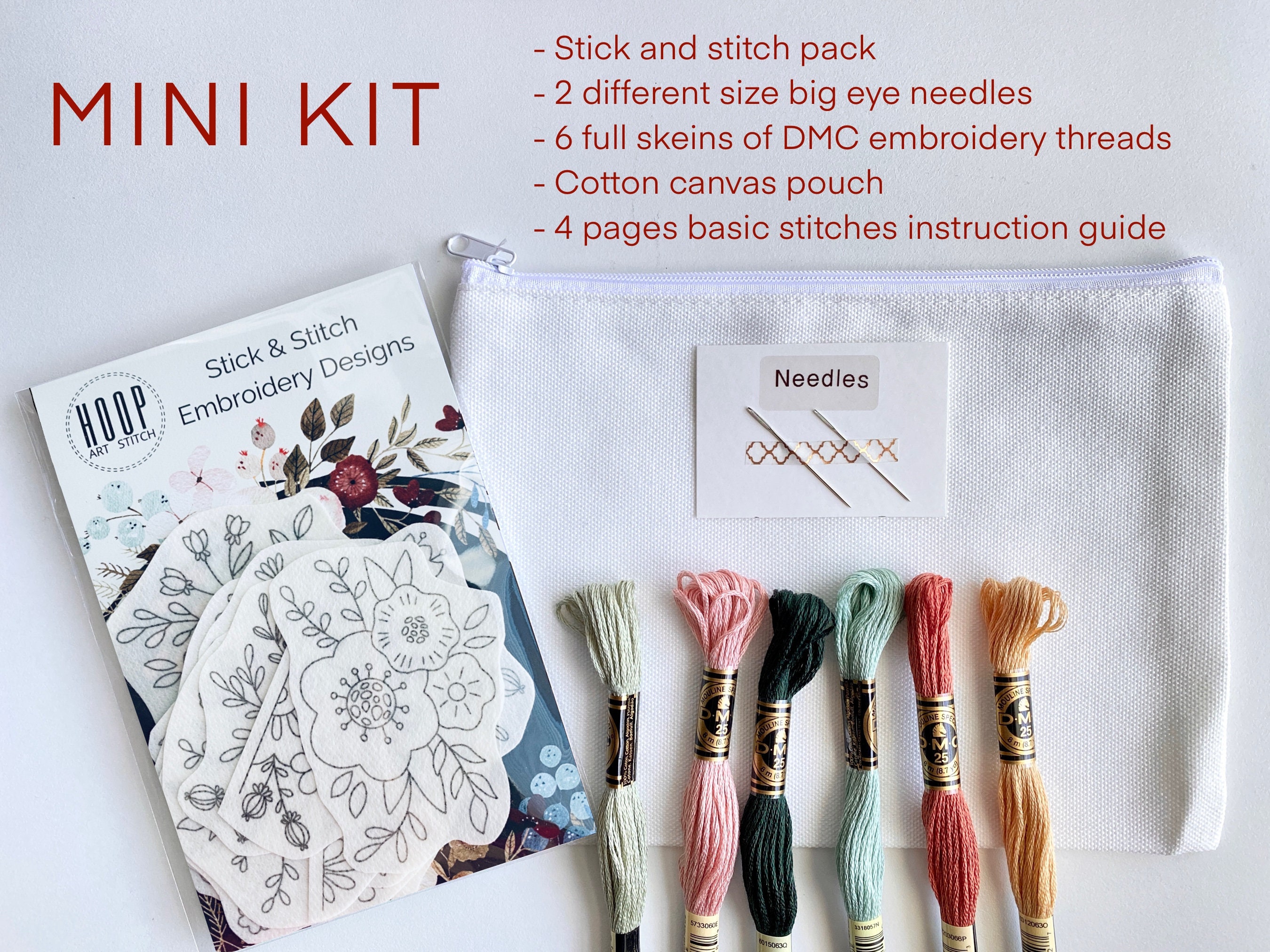 Flower Bouquet Stick and Stitch Embroidery Pouch Kit, Floral Embroidery ...