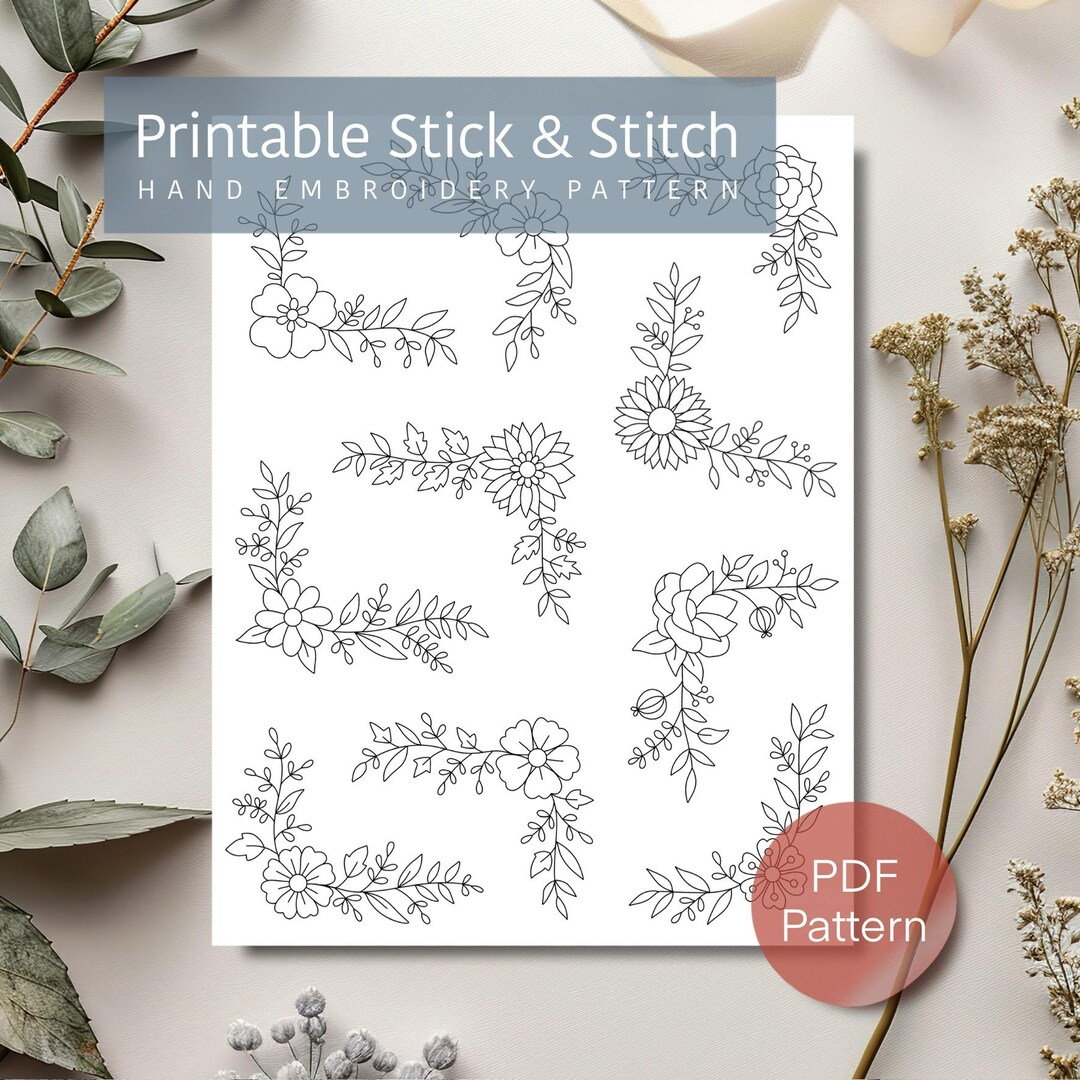 Floral Corner Hand Embroidery Pattern, Printable Stick and Stitch, Floral PDF Pattern, Digital ...