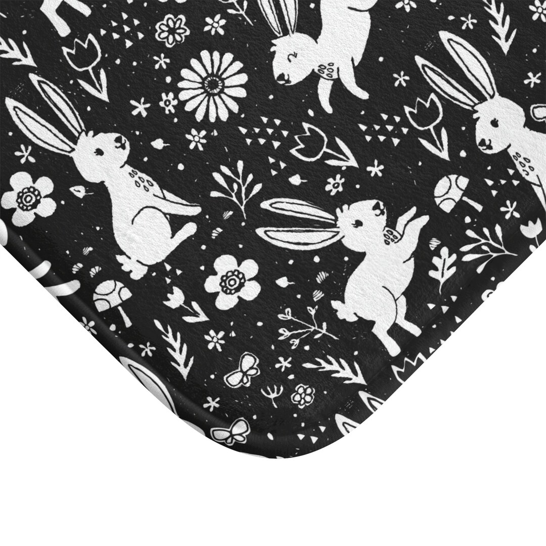 Black and White Floral Rabbits Bath Mat, Seasonal Decor, Easter Decor ...