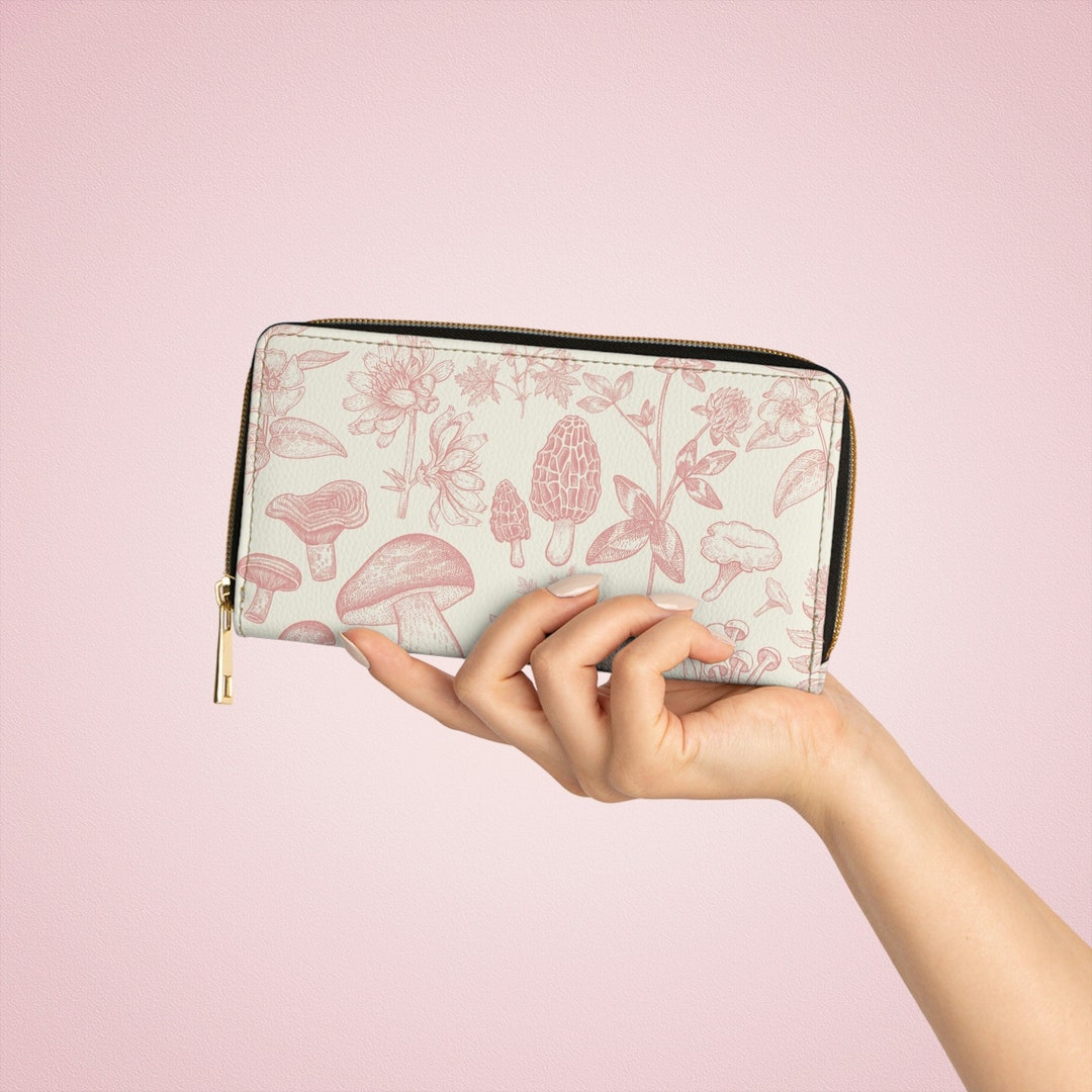 Pink Forest Plants and Mushrooms Zipper Wallet, Seasonal Decor, Women's ...