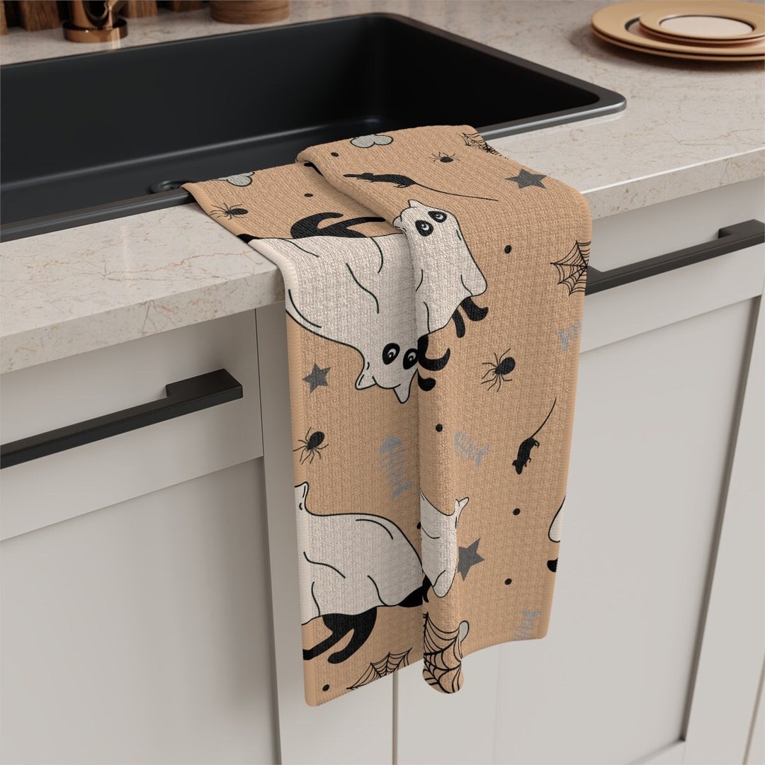 Cute Cat Ghosts and Spiders Halloween Soft Tea Towel, Halloween Tea ...