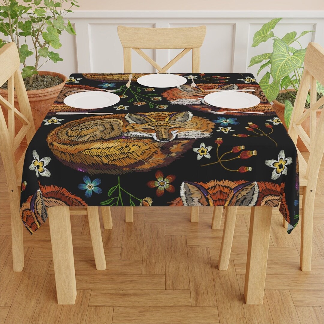 Floral Sleeping Foxes Winter Tablecloth, Fox Tablecloth, Seasonal Decor ...