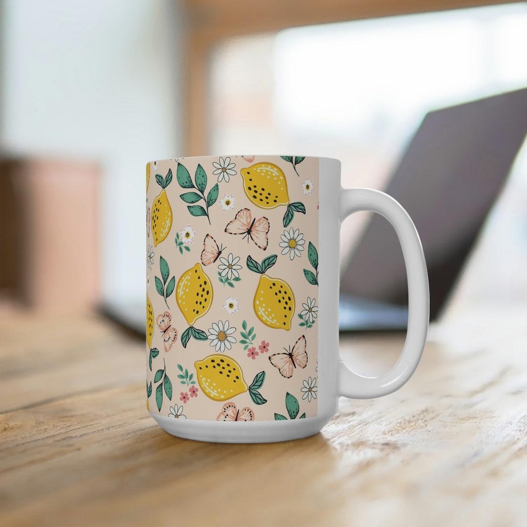 Spring Lemons and Butterflies Ceramic Mug 15oz, Ceramic Coffee Mug ...