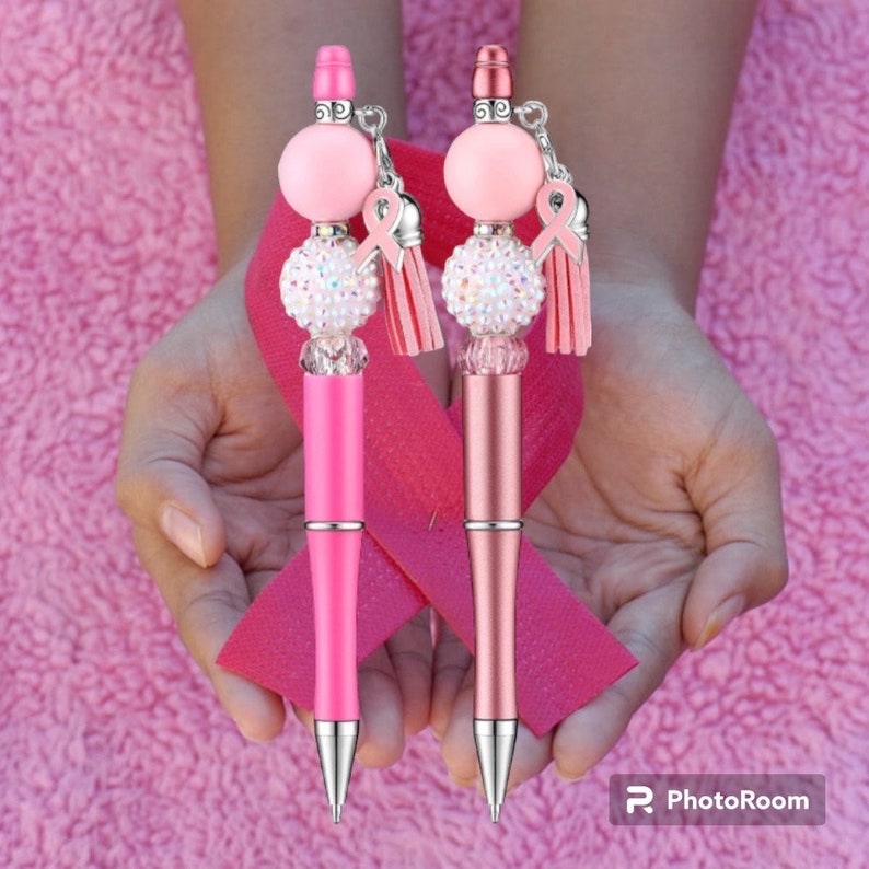 Breast Cancer Awareness Month| Pink Ribbon| Beaded Pens| Cancer Gift| Party Favor| Office ...
