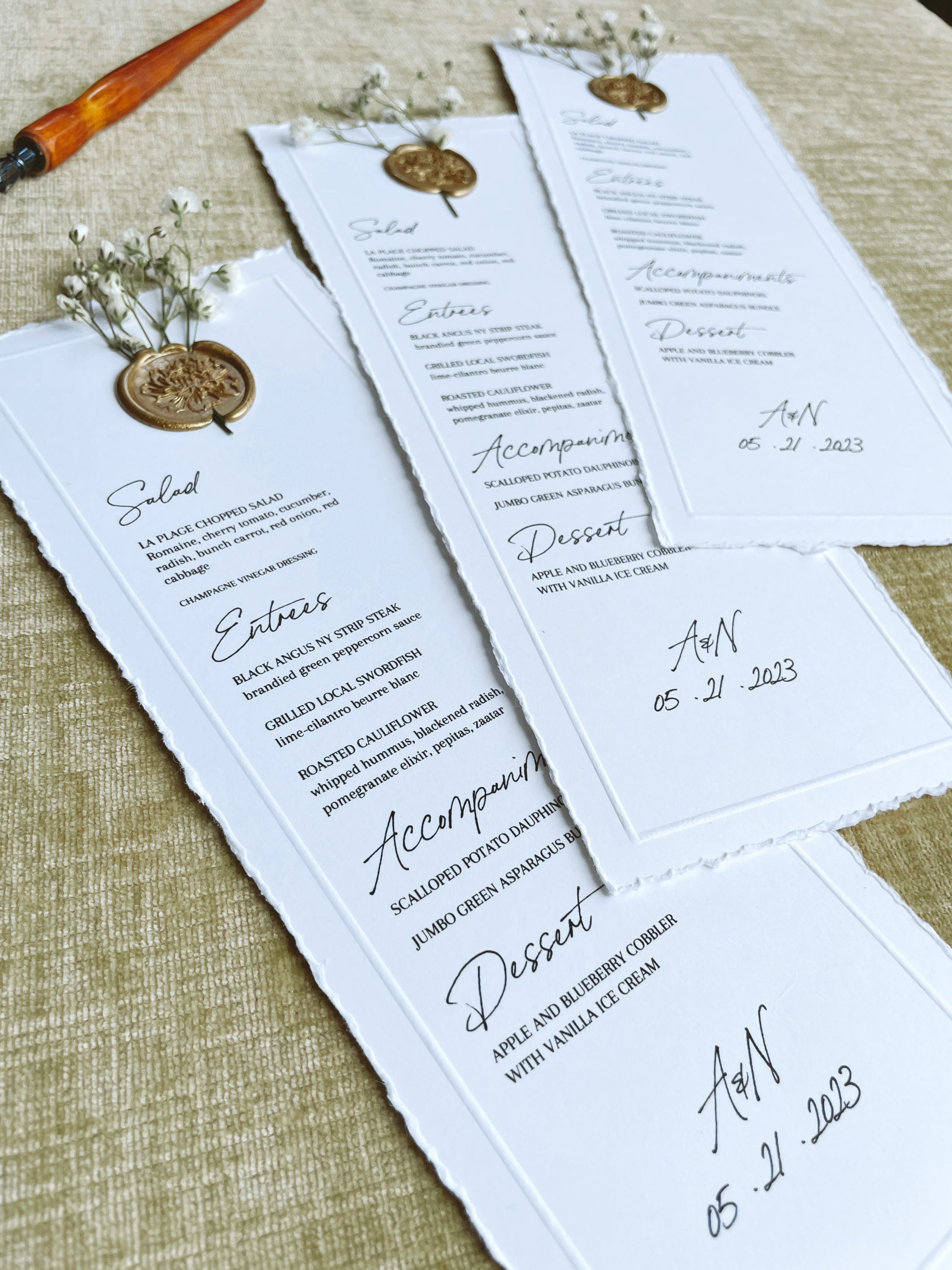 Deckled Edge Embossed Wedding Menu With Flowers and Wax Seal - Etsy