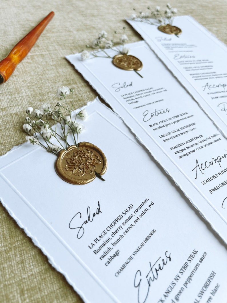 Deckled Edge Embossed Wedding Menu With Flowers and Wax Seal - Etsy