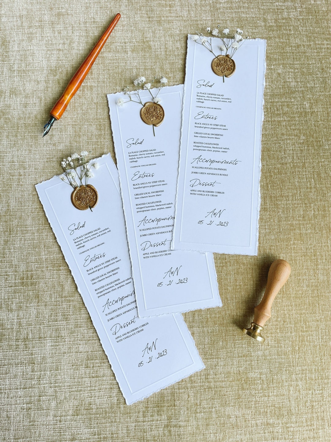 Deckled Edge Embossed Wedding Menu With Flowers and Wax Seal | Wedding ...